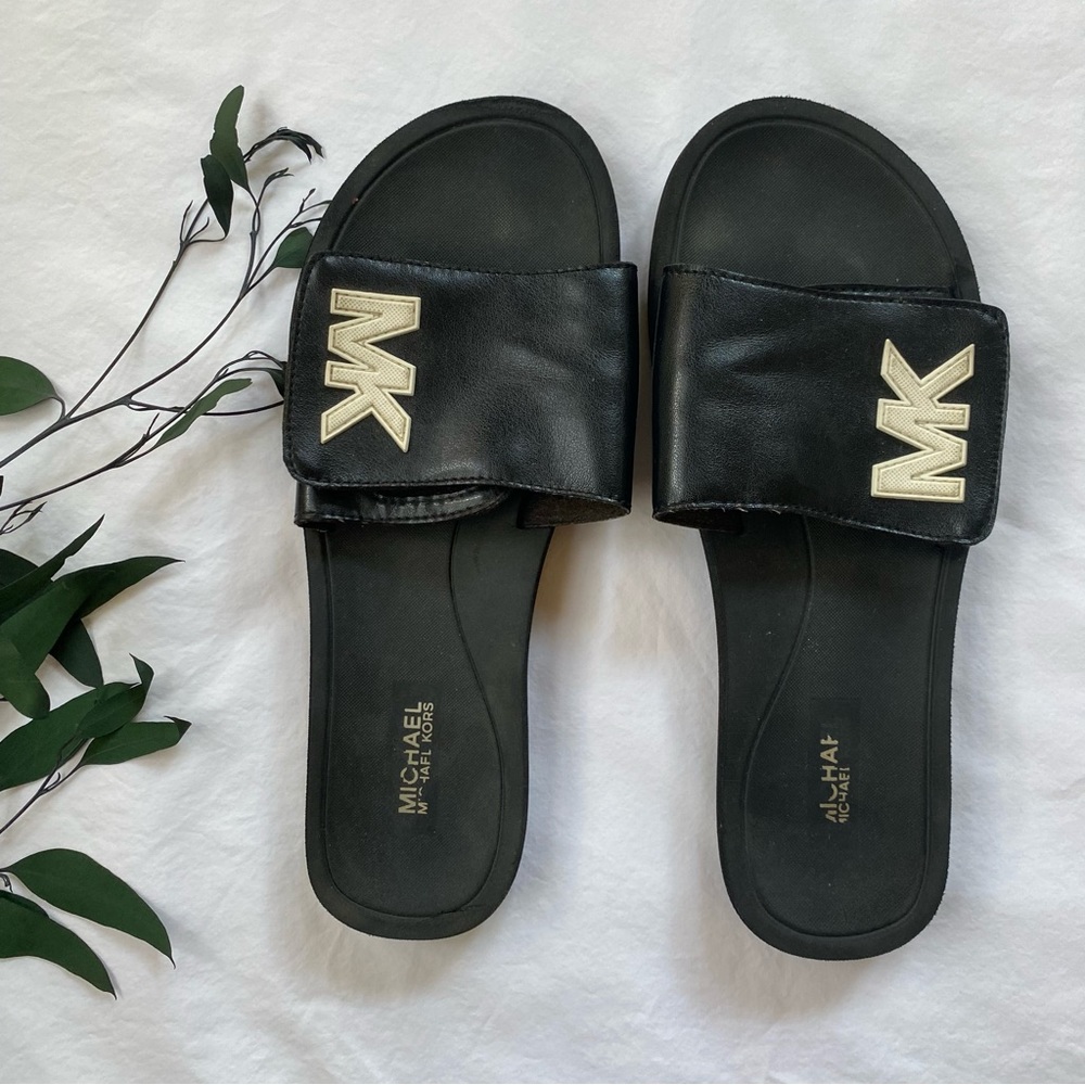 Michael Michael Kors Mk Logo Black White Slides Velcr… - Gem